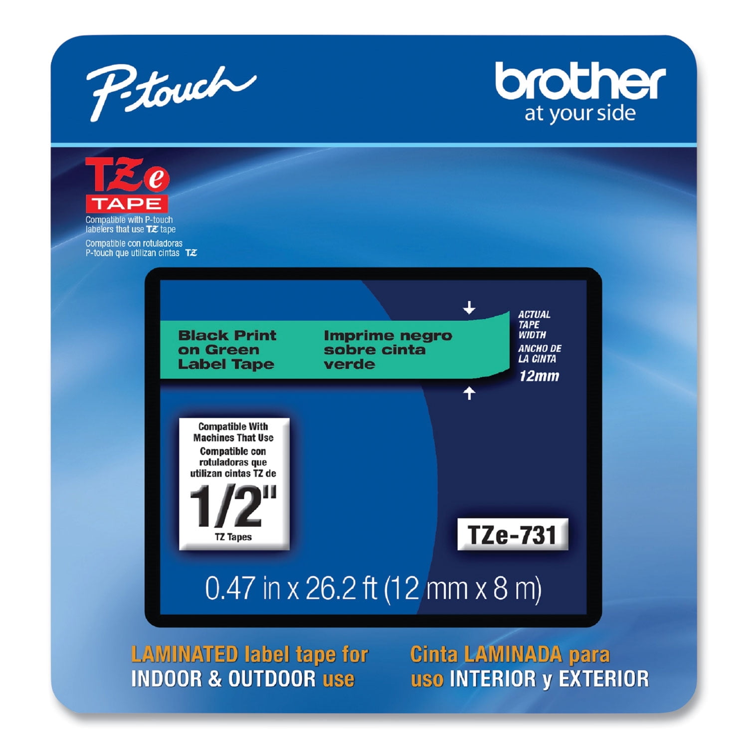 Brother Genuine P-touch, TZe-731CS, 0.47” x 26.2’, Black on Green Laminated Label Tape - Walmart.com