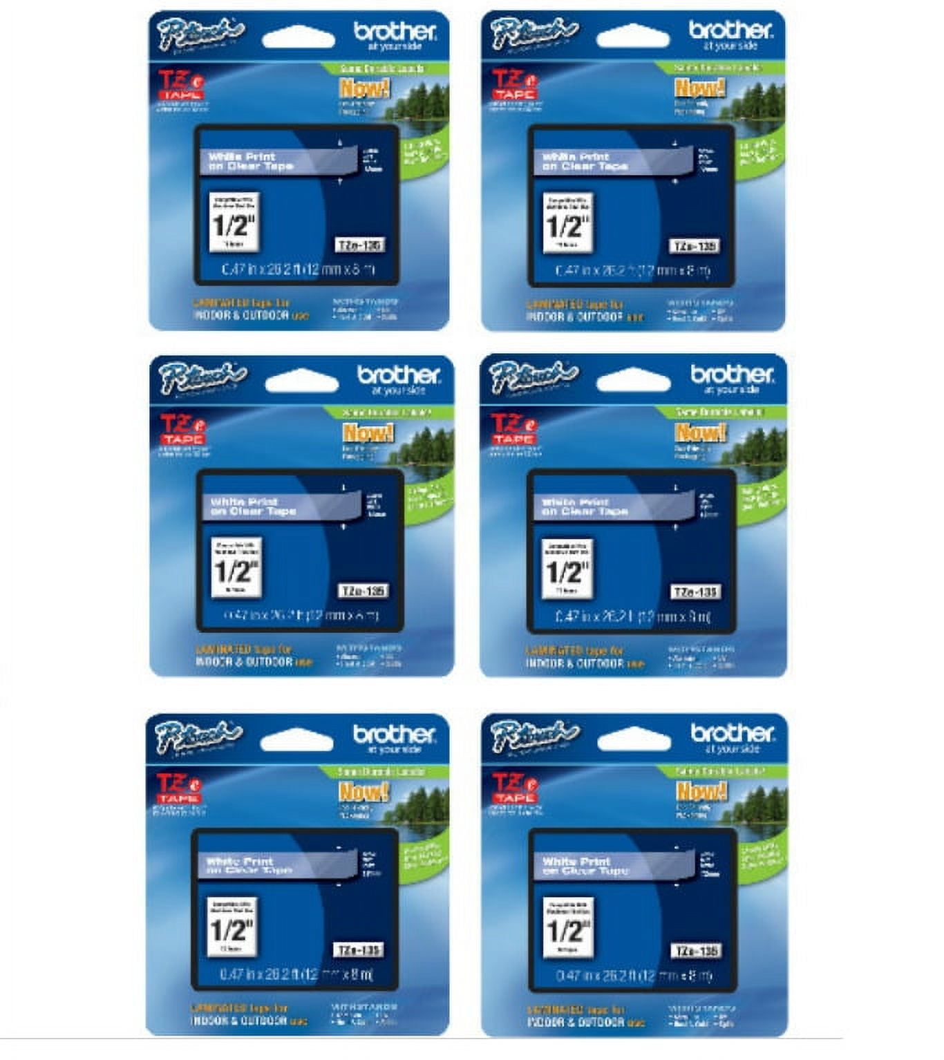 Brother Genuine TZe-135 1/2" White on Clear Standard Laminated Tape for ...