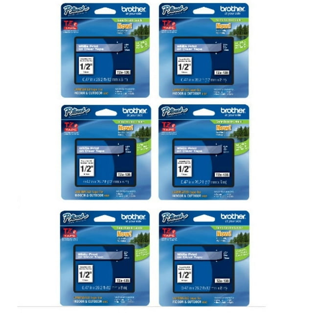 Brother Genuine TZe-135 1/2" White on Clear Standard Laminated Tape for ...