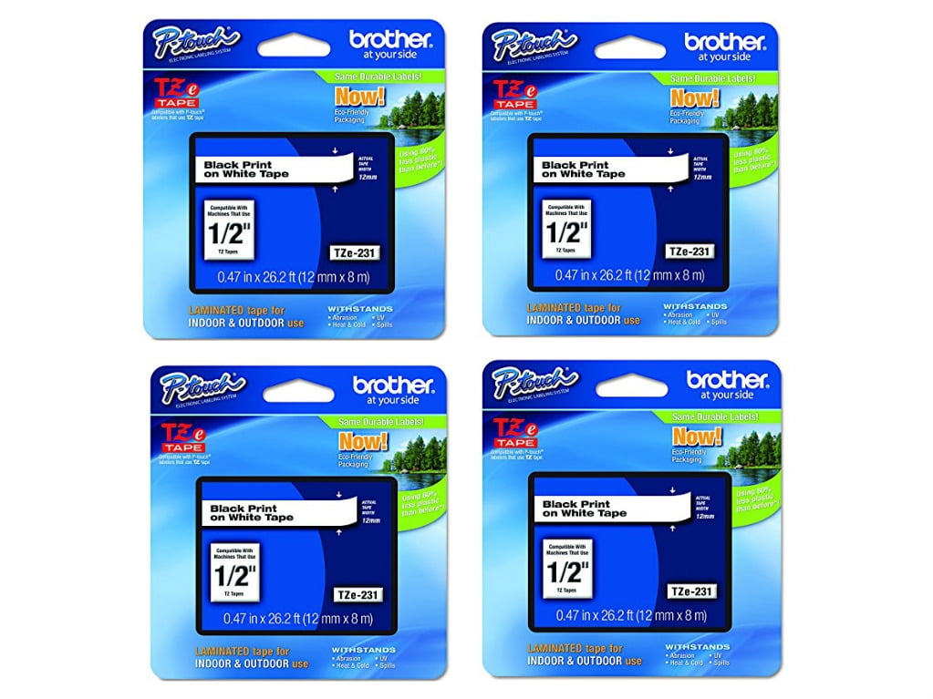 Brother Genuine TZe-231 1/2" Black on White Standard Laminated Tape, 4 ...