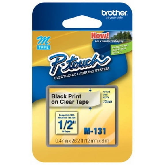 Brother M131 0.5" Black on Clear P-touch Tape, Fits PT45M, PT55BM, PT65 ...