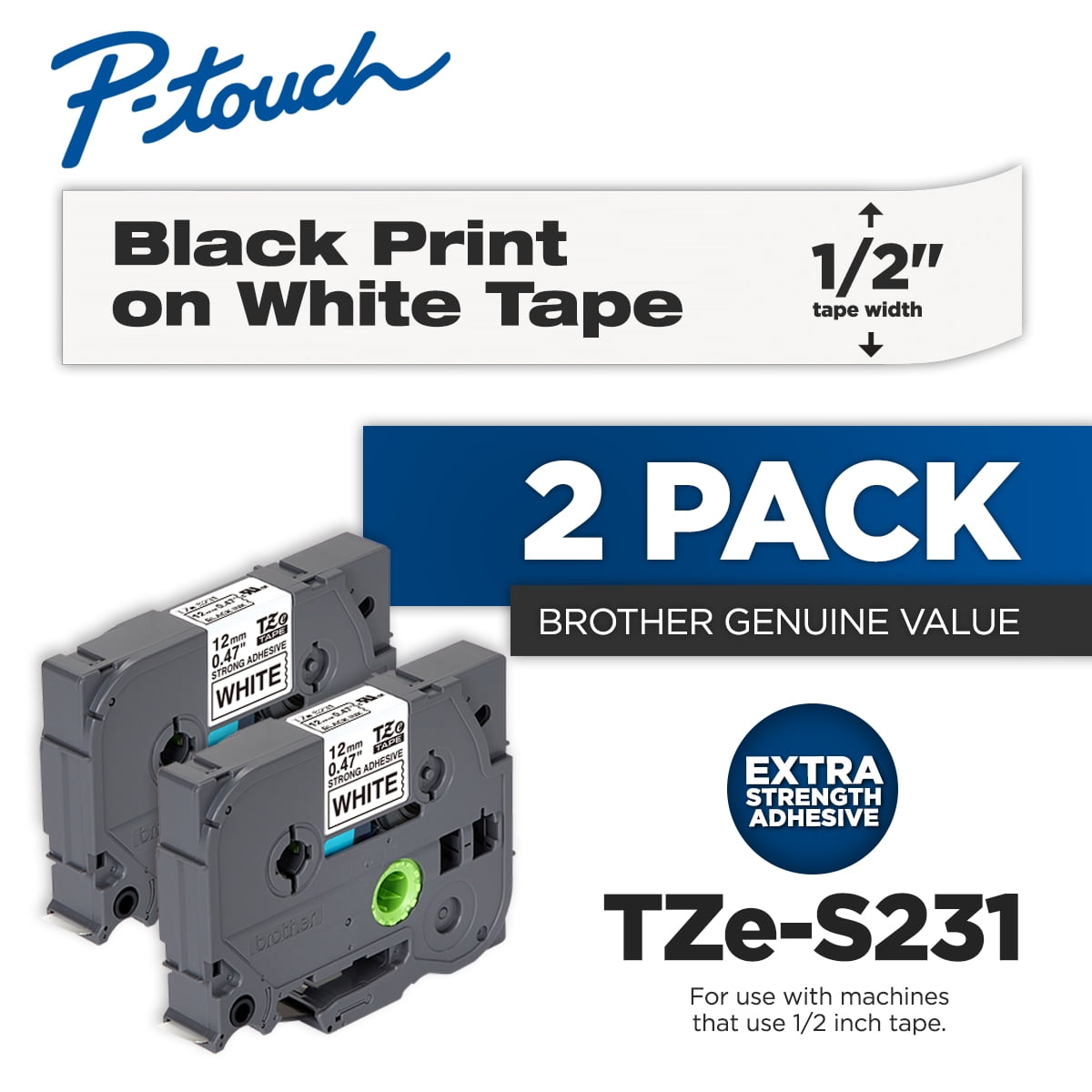 Brother P-Touch 2-Pk TZe-S231, Black Print on White Extra Strength ...