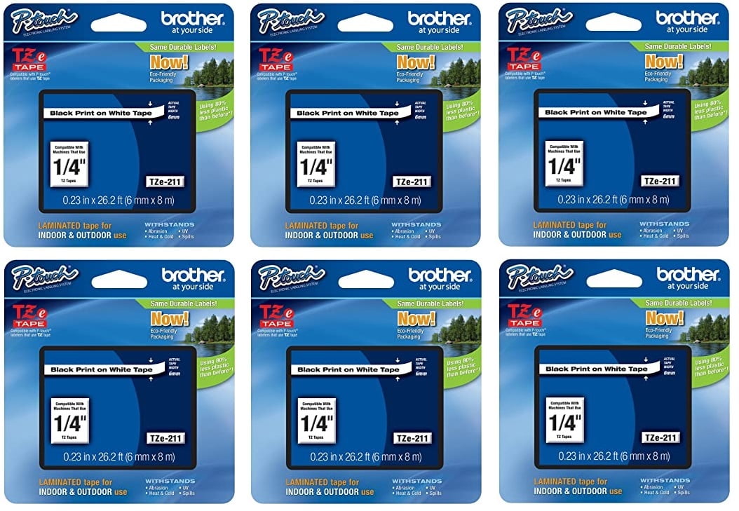 Brother Genuine P-Touch 6-Pack TZe-211 Laminated Tape, Black Print on ...