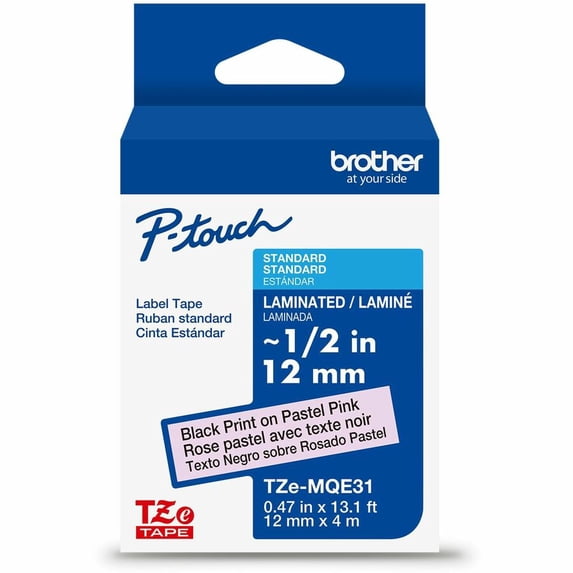 Brother Genuine P-touch TZeMQE31 BK on PASTEL PNK Label Tape, Laminated ...
