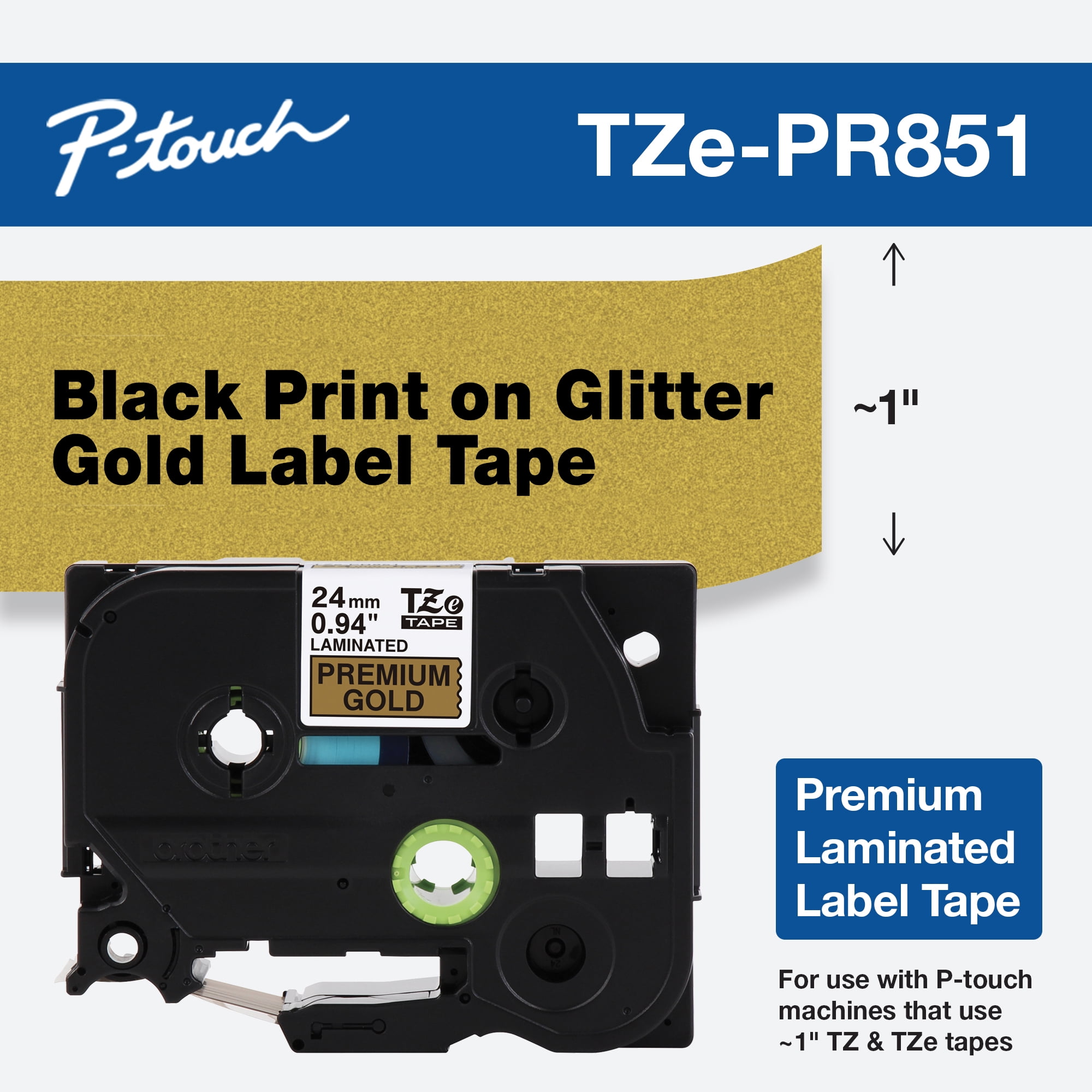 Brother P-touch TZe-PR851 Black Print on Premium Glitter Gold Laminated ...