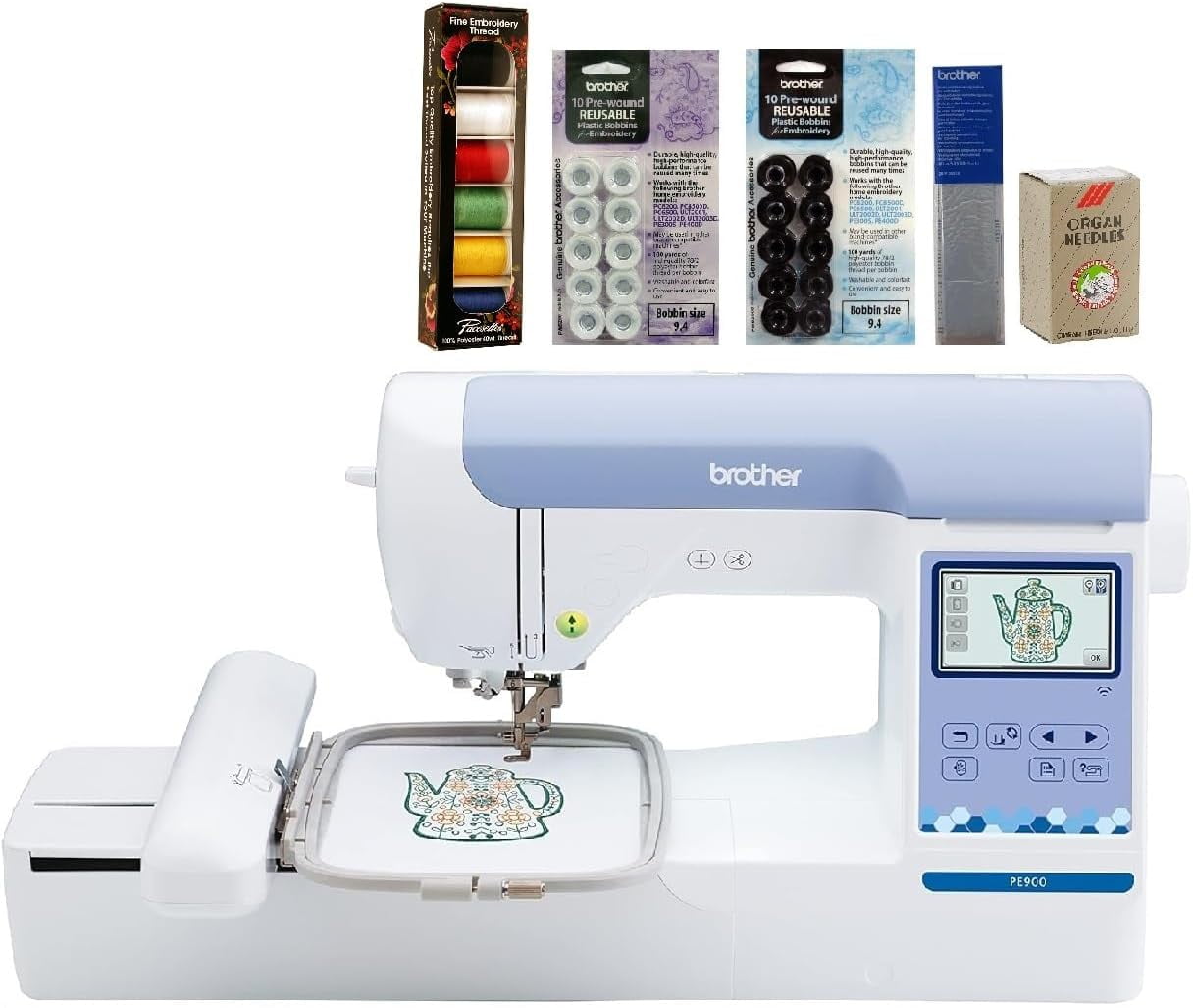 Brother PE900 Embroidery Machine, 6-Piece Thread Set, 20 Bobbins, 100 ...