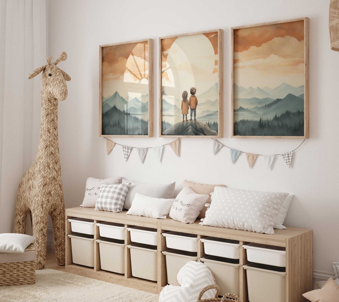 Brother & Sister Adventure Triptych Print Vintage Sibling In Orange And ...