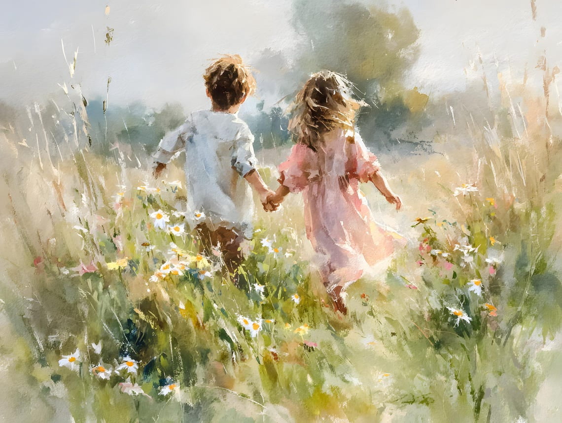 Brother Sister Meadow Sibling Illustration Pastel Nursery Childhood ...
