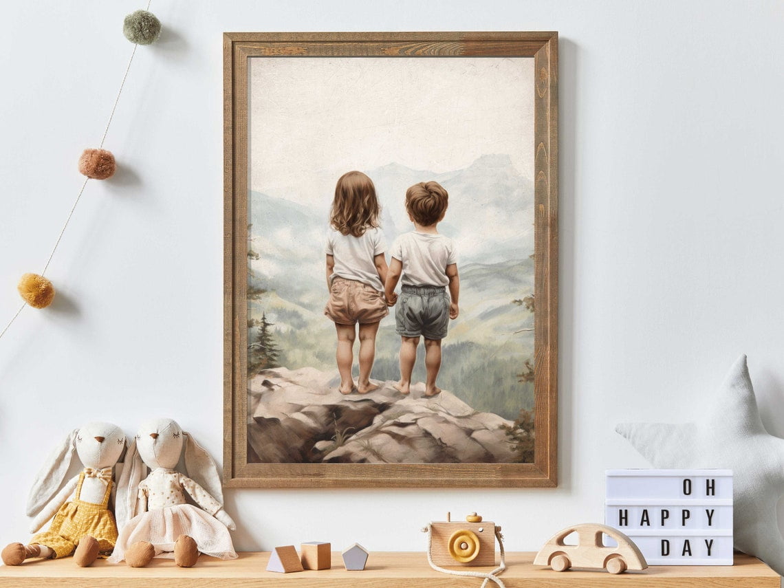 Brother And Sister Wall Art, Nursery Nature Decor, Siblings Portrait ...