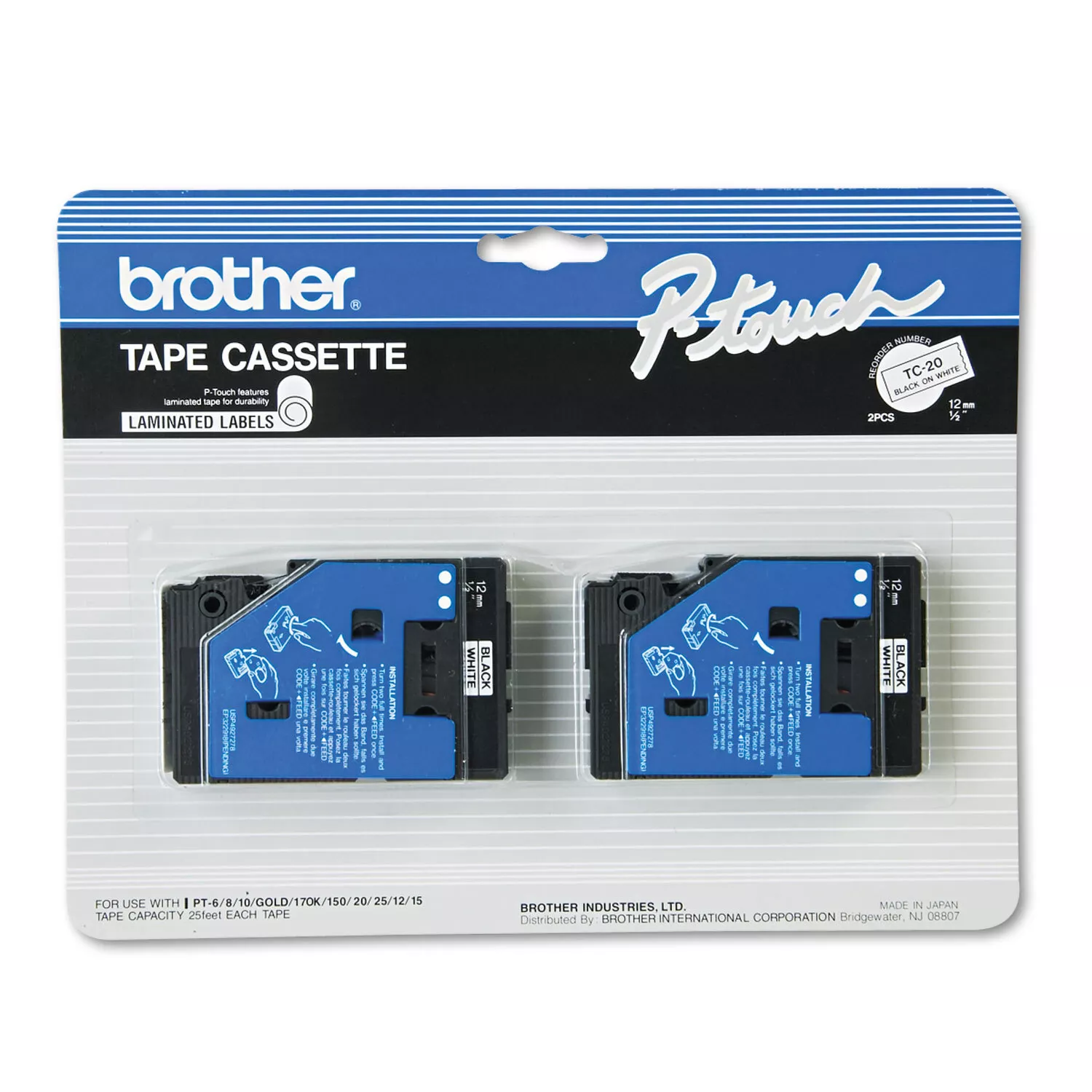 Brother TC Tape Cartridges for P-Touch Labelers 1/2w Black on White 2 ...