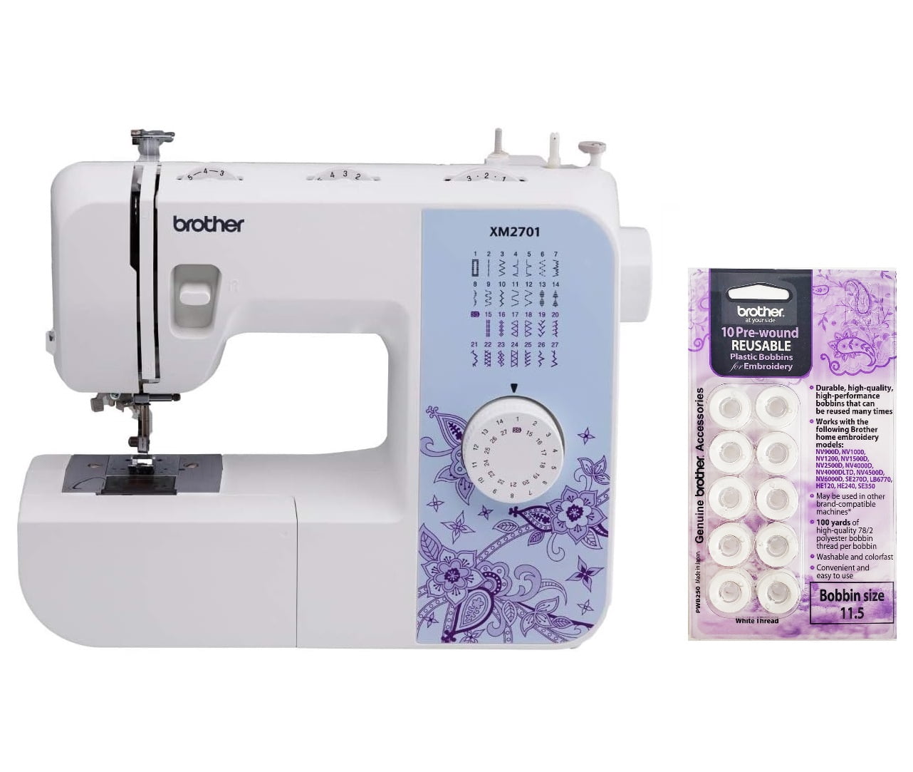 Brother XM2701 27-Stitch Sewing Machine, 10-Pack Pre-Wound Bobbins ...