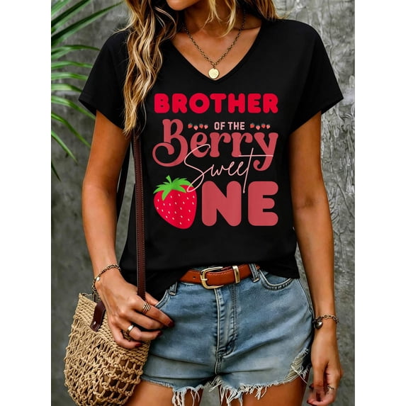 Brother of The Berry Sweet One 1st Birthday Strawberry V Neck T-Shirt ...