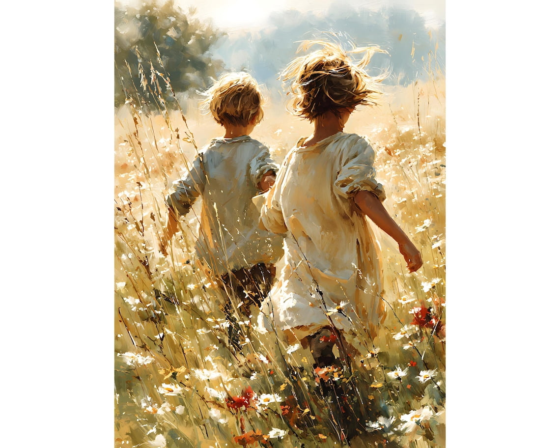 Brothers Running Meadow Storybook Illustration Pastel Nursery Emotional ...