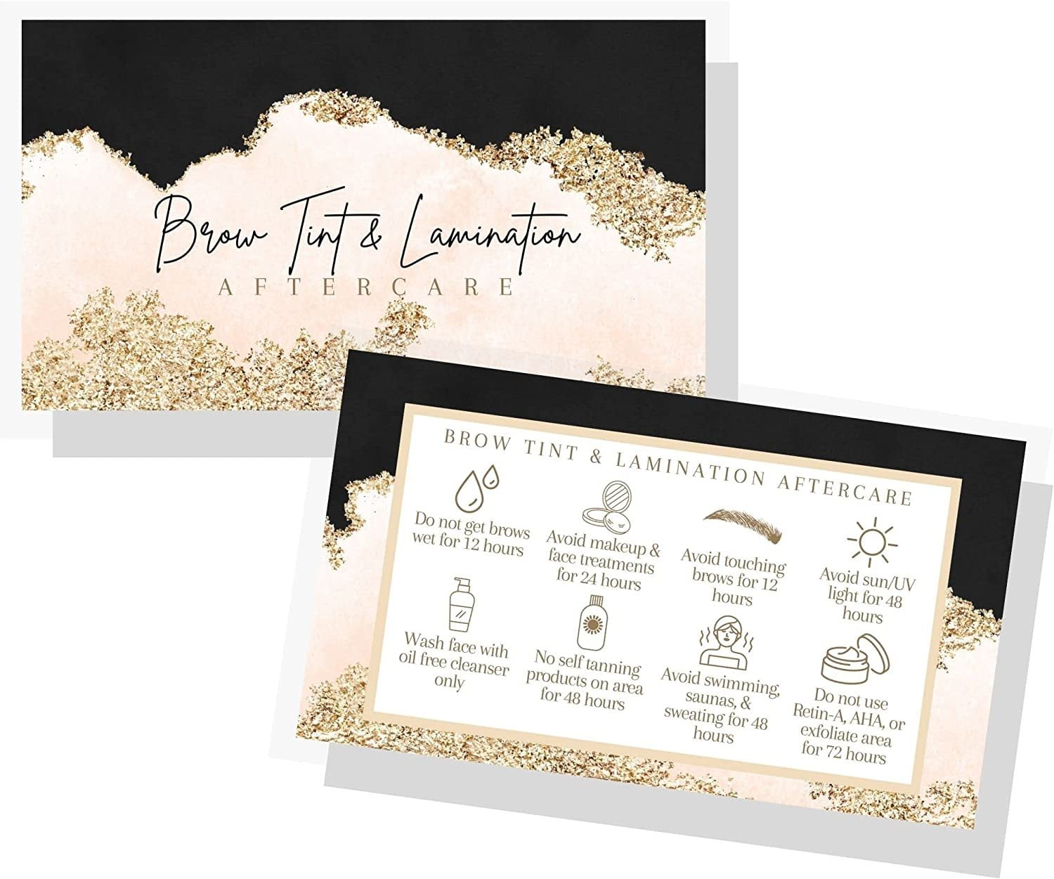 Brow Tint and Lamination Aftercare Instruction Cards 50 Pack Gold Pink ...