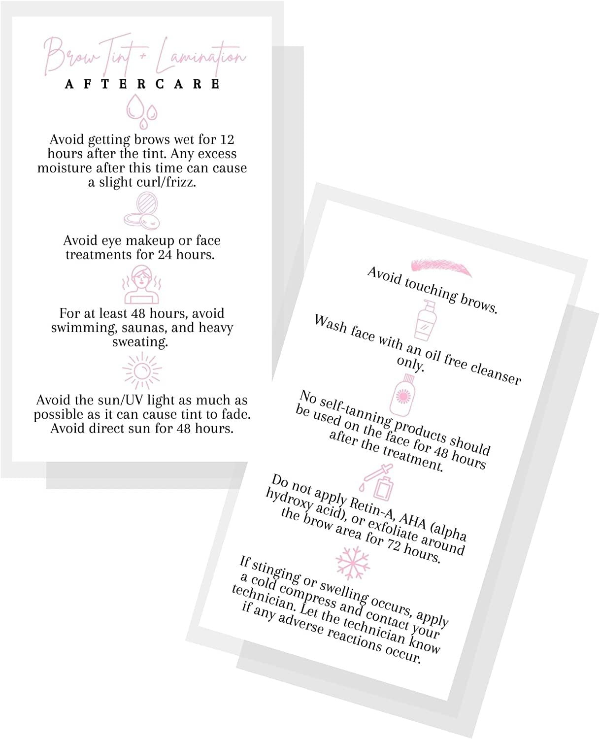 Brow Tint and Lamination Aftercare Instruction Cards 50 Pack Pink ...