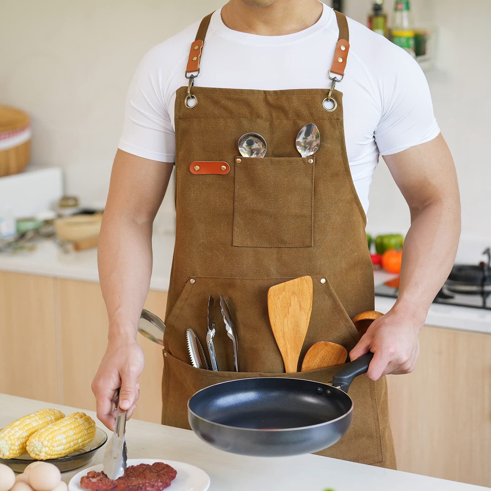 Brown 1 Pack Canvas Cooking Apron, Heavy Duty Work & BBQ Use - Walmart.com