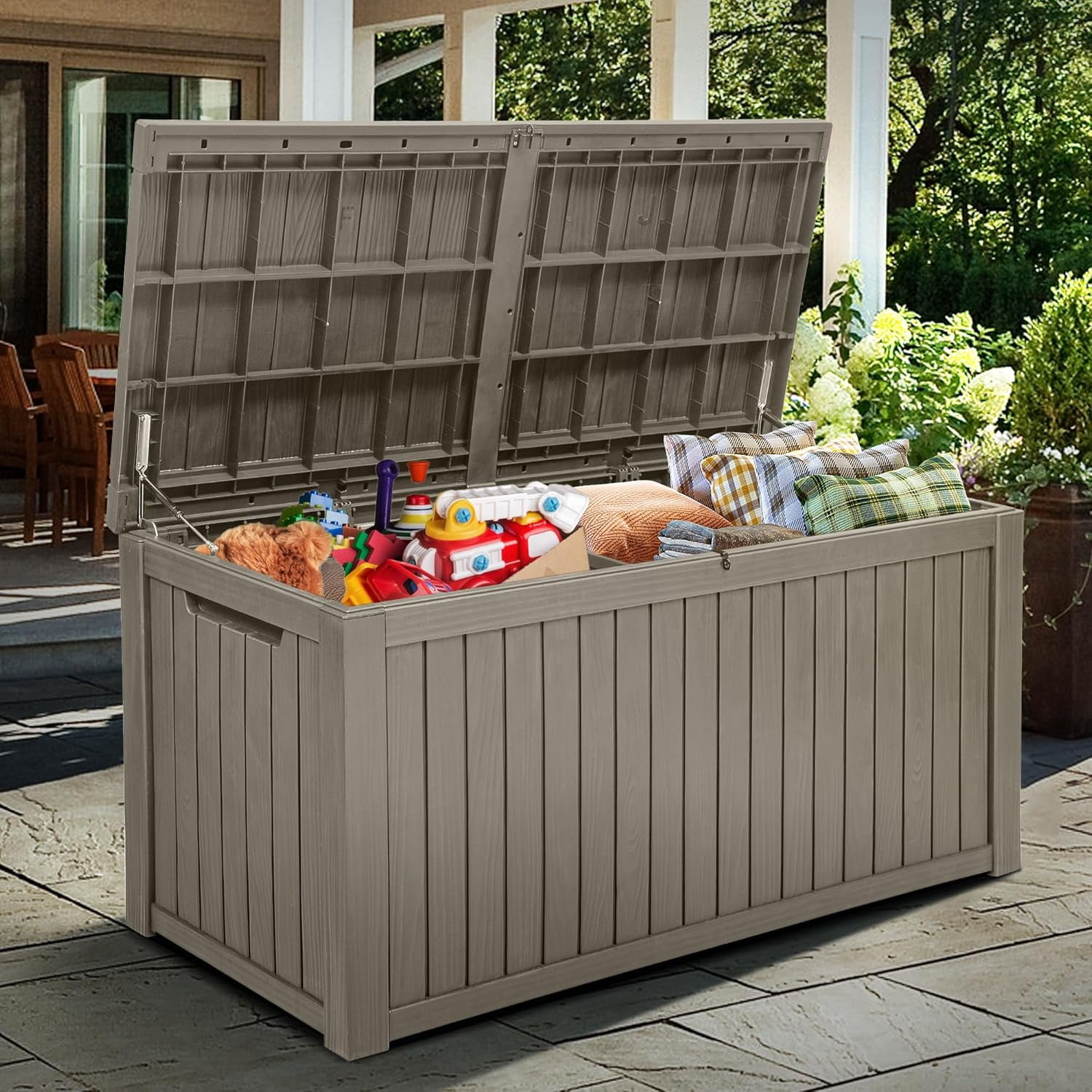 Brown 180 Gallon XL Outdoor Storage Deck Box with Divider, Waterproof ...