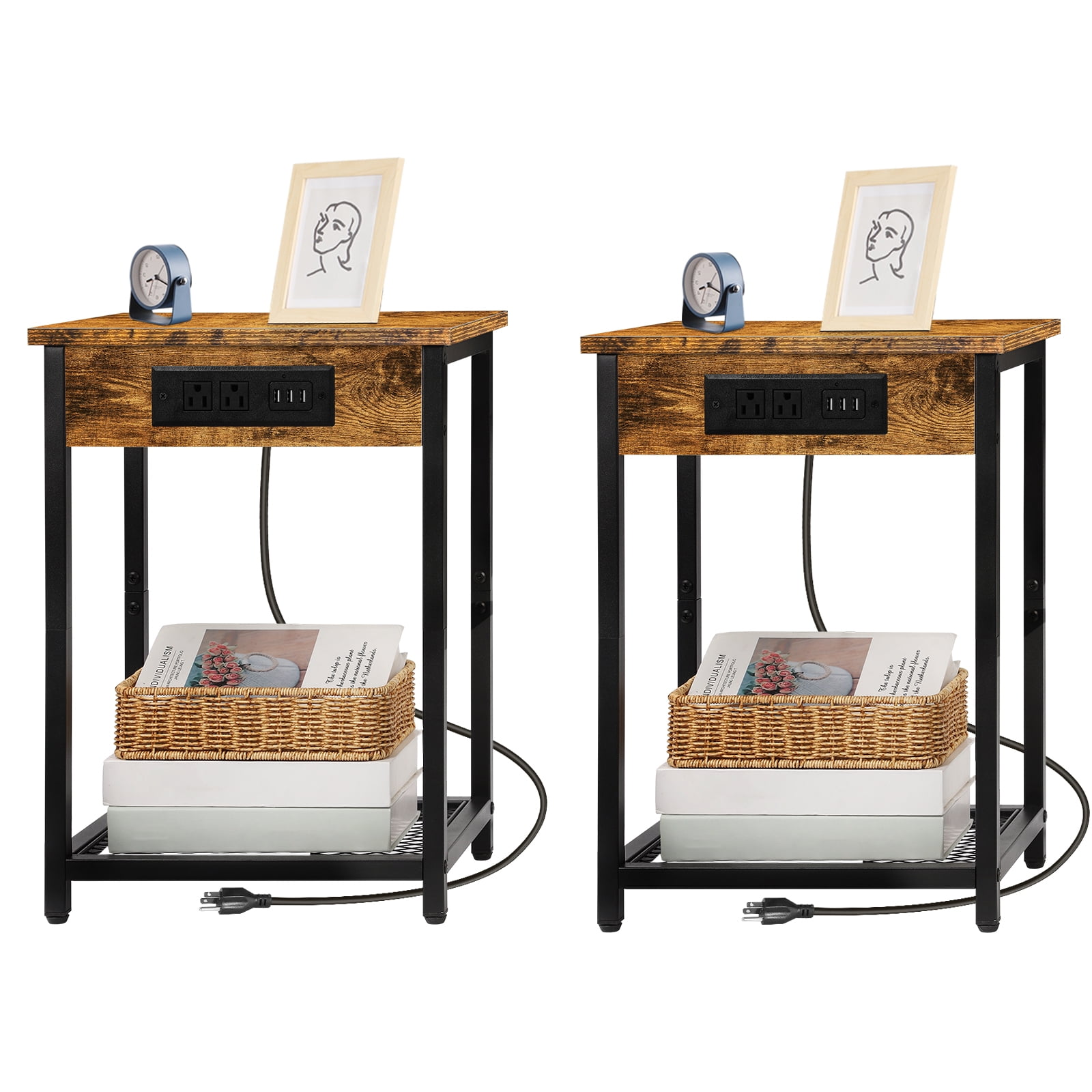 Brown 2-Pack Wood Side Tables with Built-In Power Strip (2 AC Outlets ...