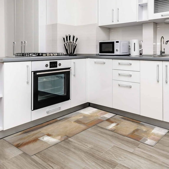 Brown 2 Pieces Non-Slip Kitchen Mat Set Abstract Paint Texture Retro ...