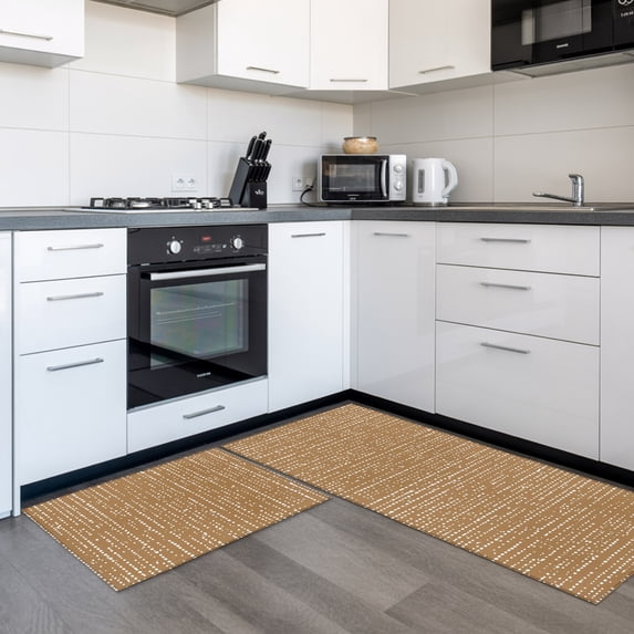 Brown 2 Pieces Non-Slip Kitchen Mat Set, White Dots and Lines Fiber ...