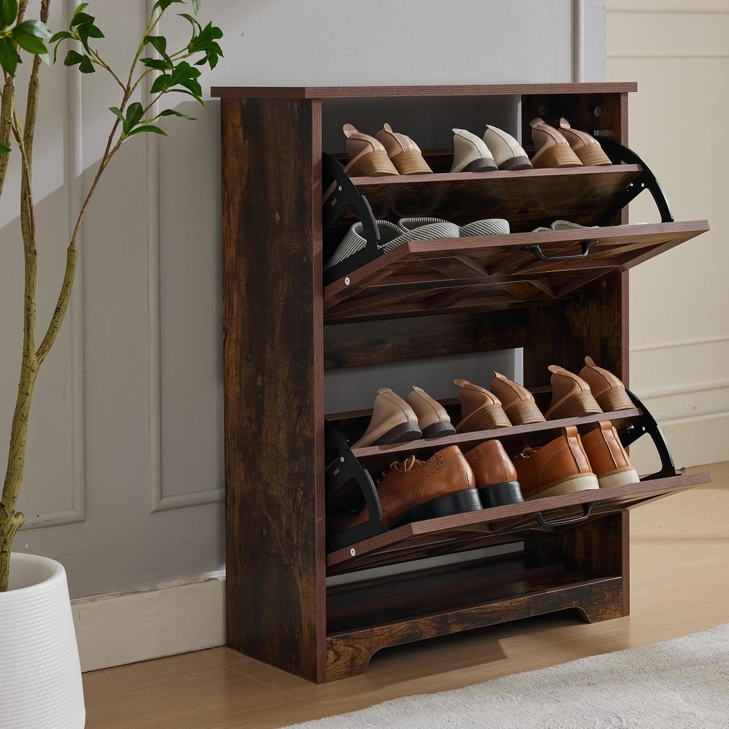 Brown 2-Tier Narrow Shoe Cabinet, Hidden Shoes Storage Cabinet with ...