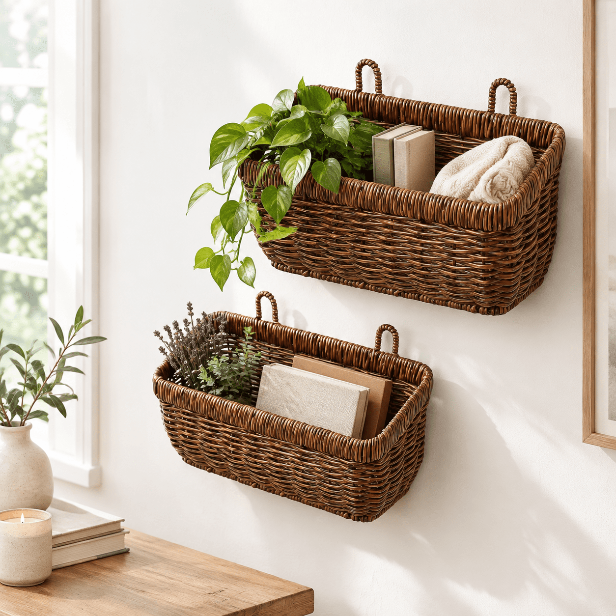 Brown 2 pc (L+XL) Boho Hand-Woven Wall Hanging Storage Baskets Set ...