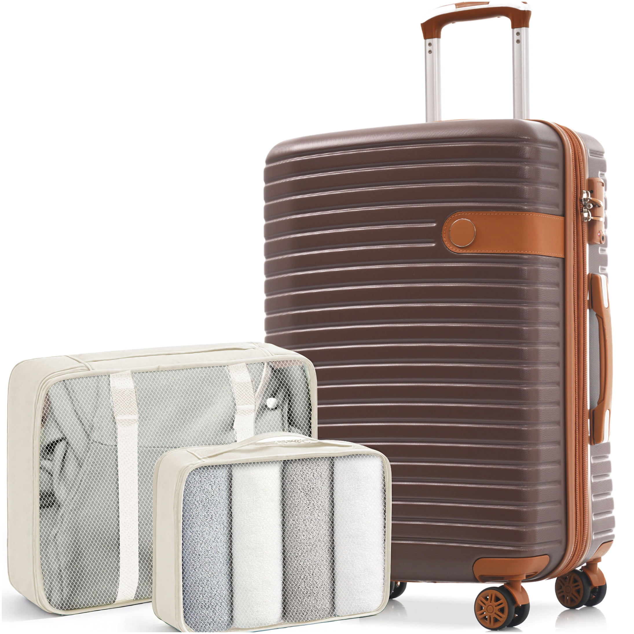 Brown 24 Inch ABS Hardshell Checked Suitcase with Spinner Wheels ...