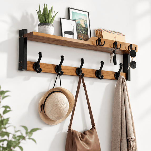 Brown 25 2 Inch Long 4 In 1 Wall Mount Coat Rack With Key Holder And
