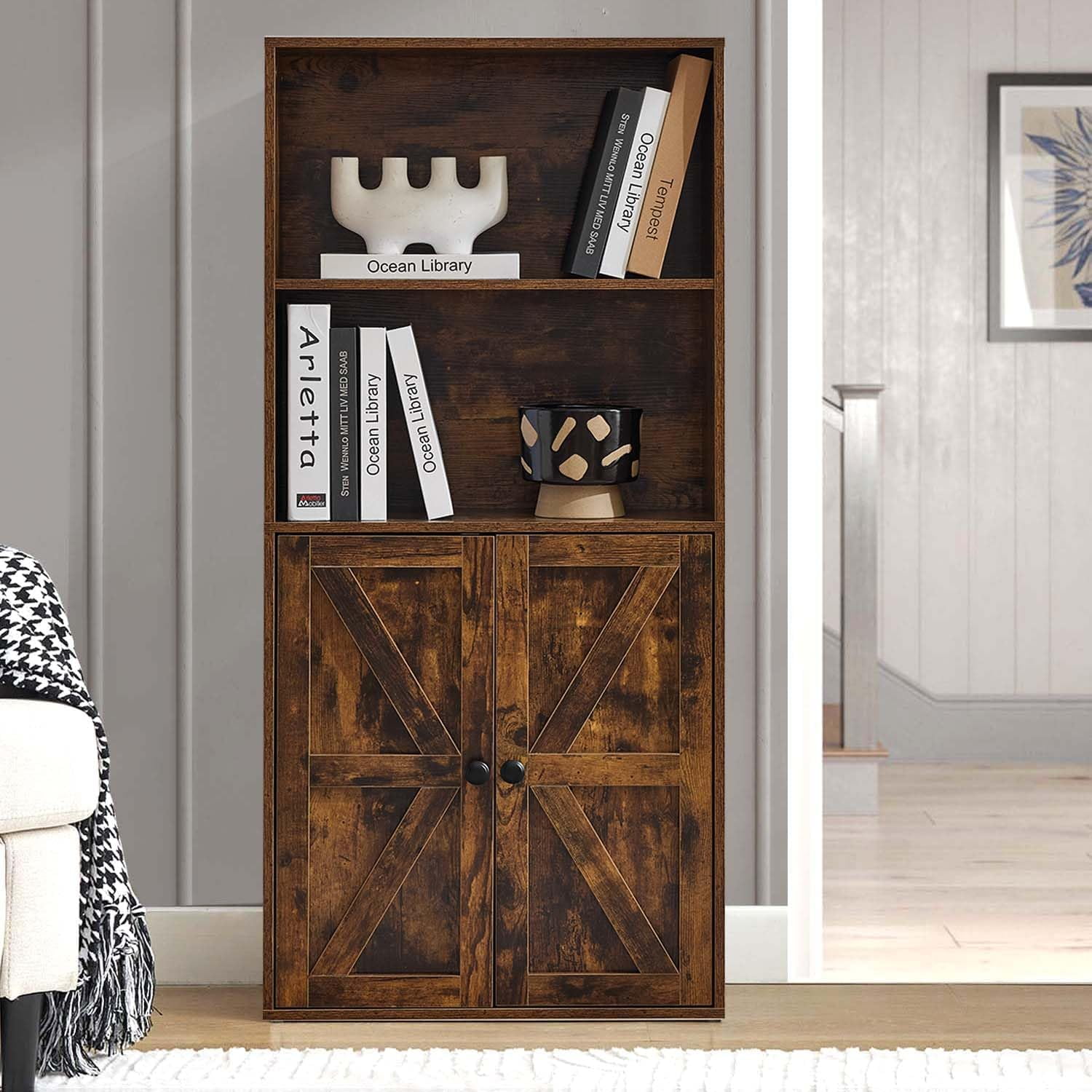 Brown 4-Tier Bookshelves for Living Room, Farmhouse Tall Bookcase with ...