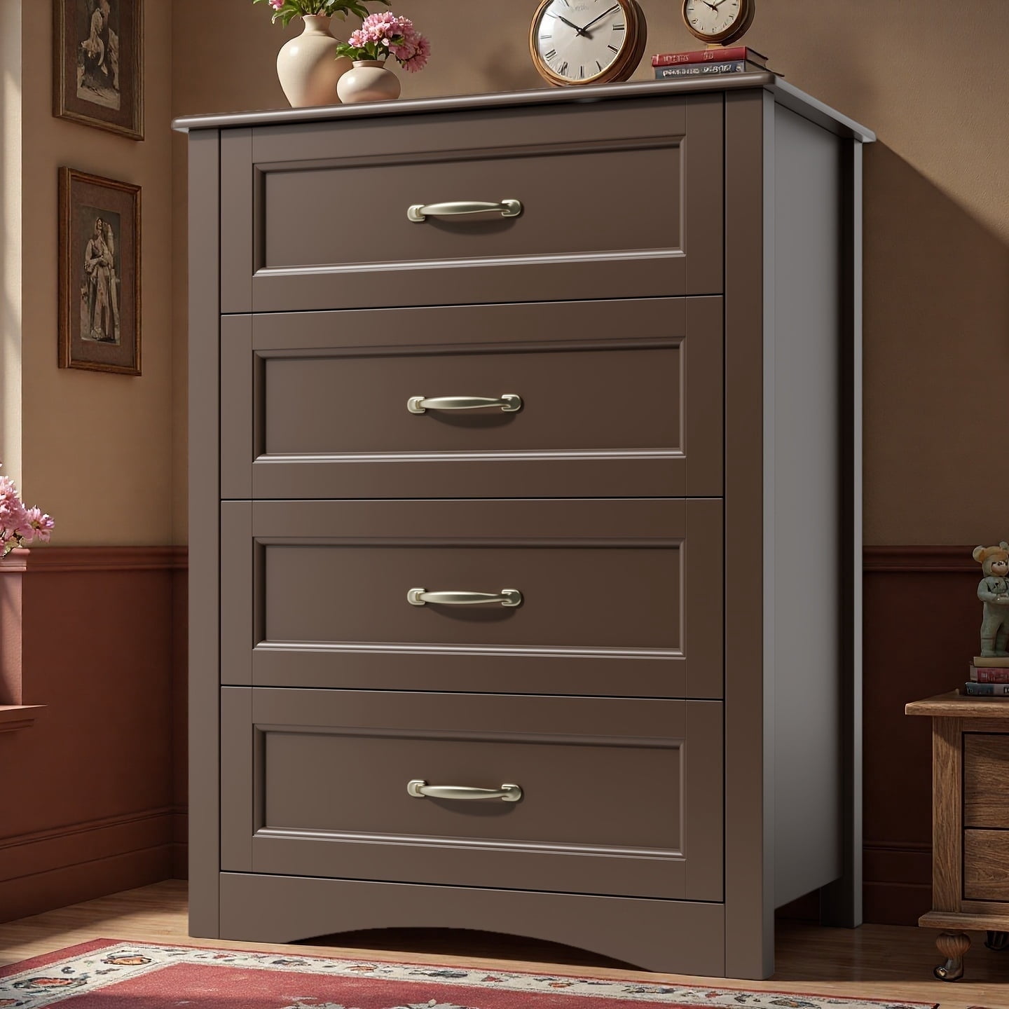 Brown 4 Drawer Dresser, Lofka Space-Saving Dresser for Bedroom with ...