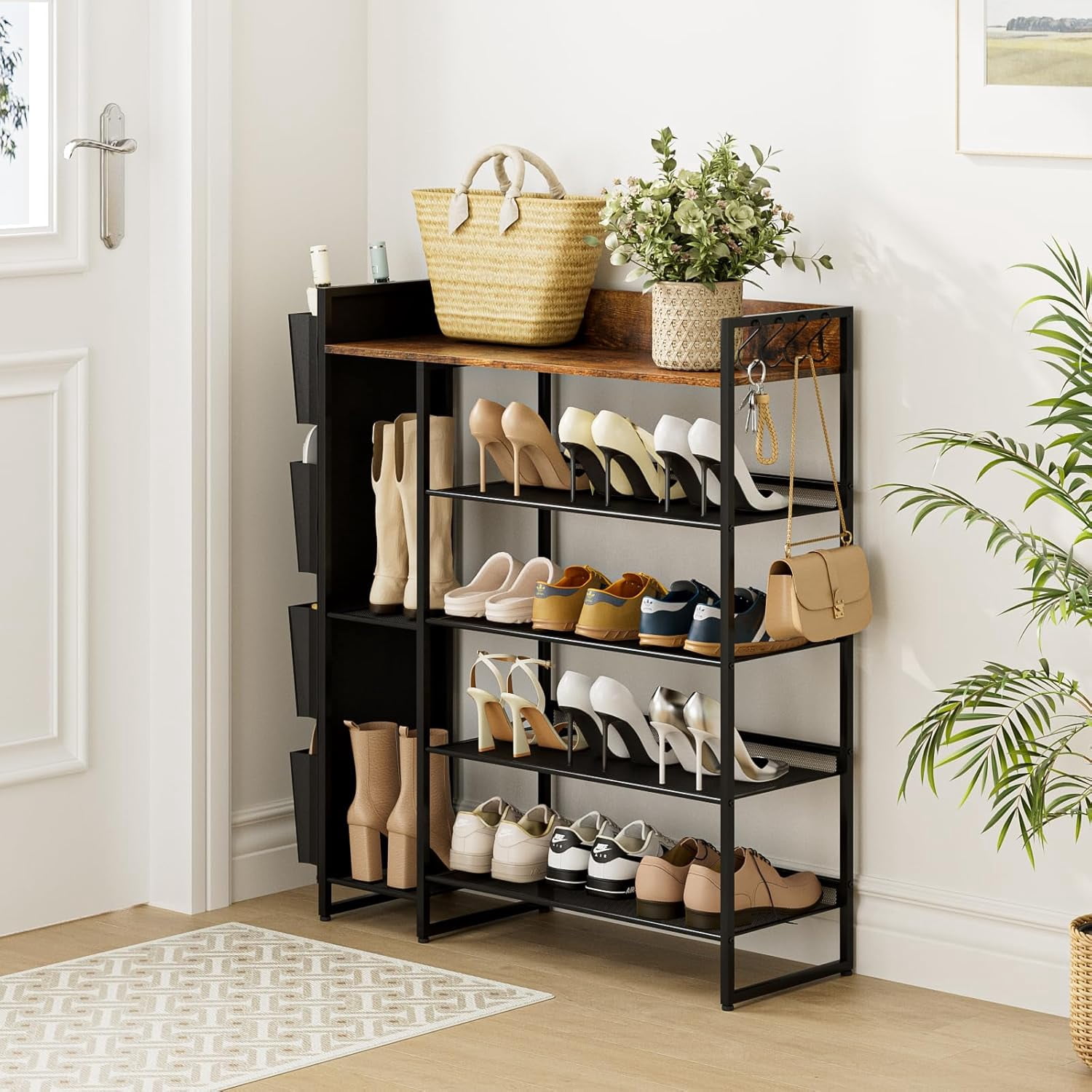 Brown 5-Tier Shoe Organizer - Free Standing Shoe Rack with Storage Bag ...
