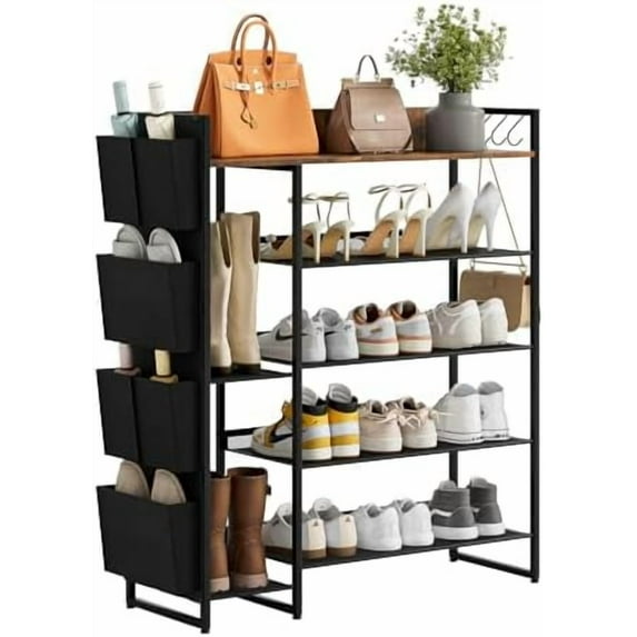 Brown 5-Tier Shoe Organizer - Free Standing Shoe Rack with Storage Bag ...