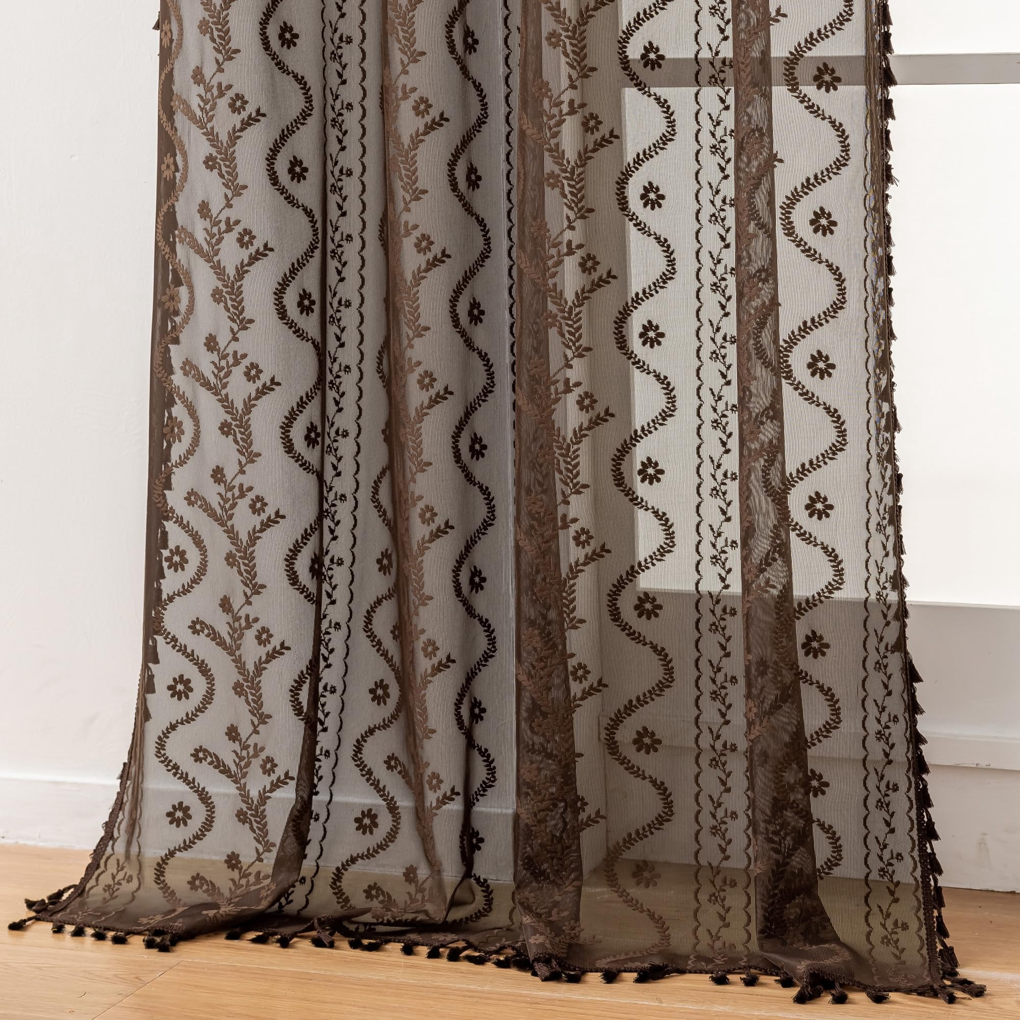 Brown 52"W x 84"L (Pack of 2) Boho Lace Sheer Curtain Panels, Light ...