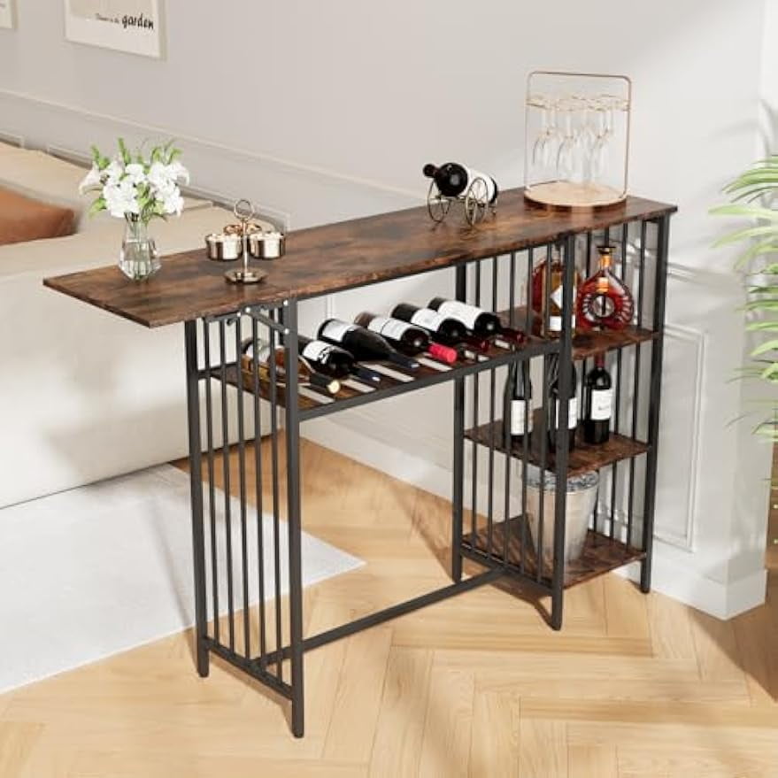 Brown 59 Inch Expandable Bar Table - Counter Height with Wine Rack & 3 ...