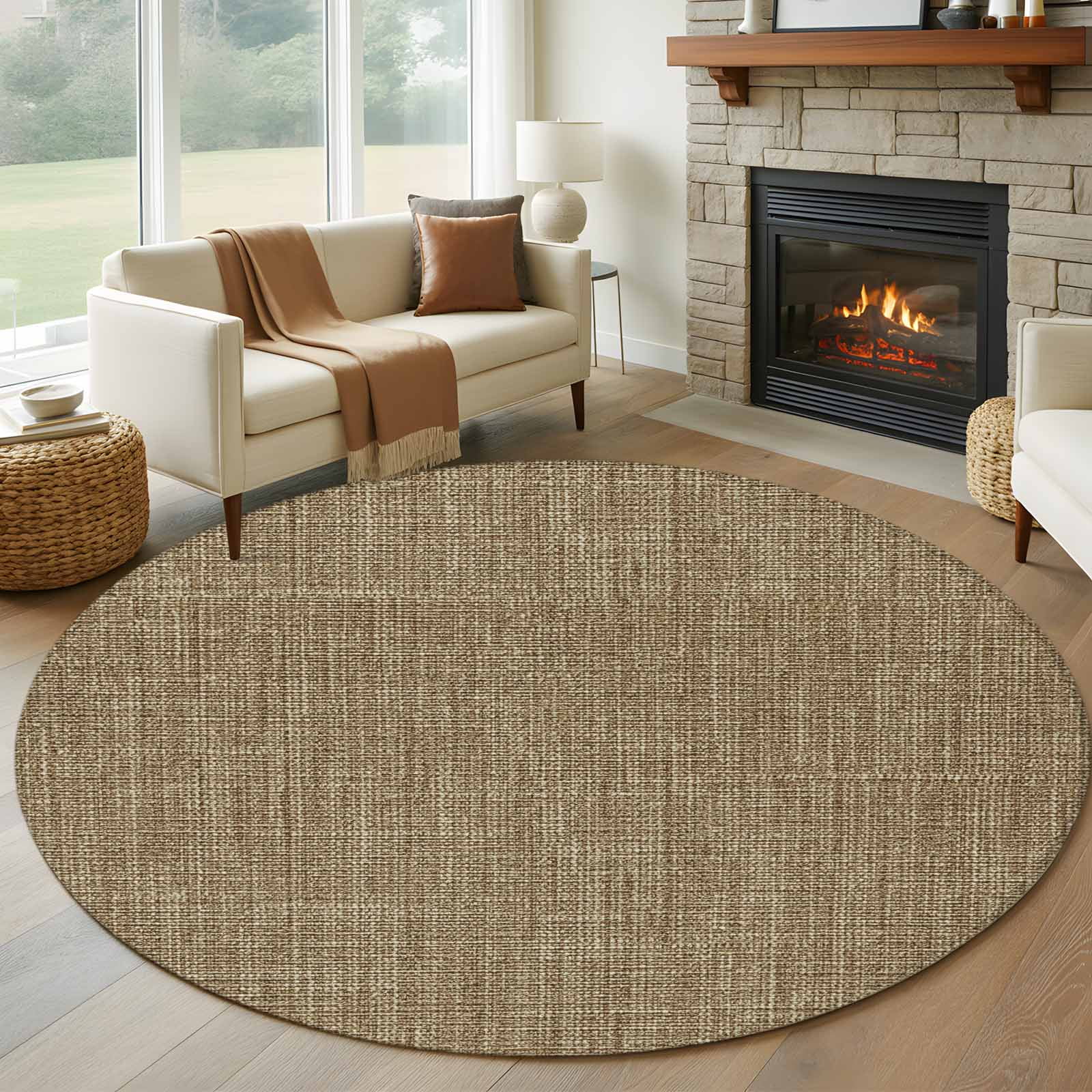 Brown 5ft Round Rug, Farmhouse Burlap Solid Beige Color Modern Linen ...