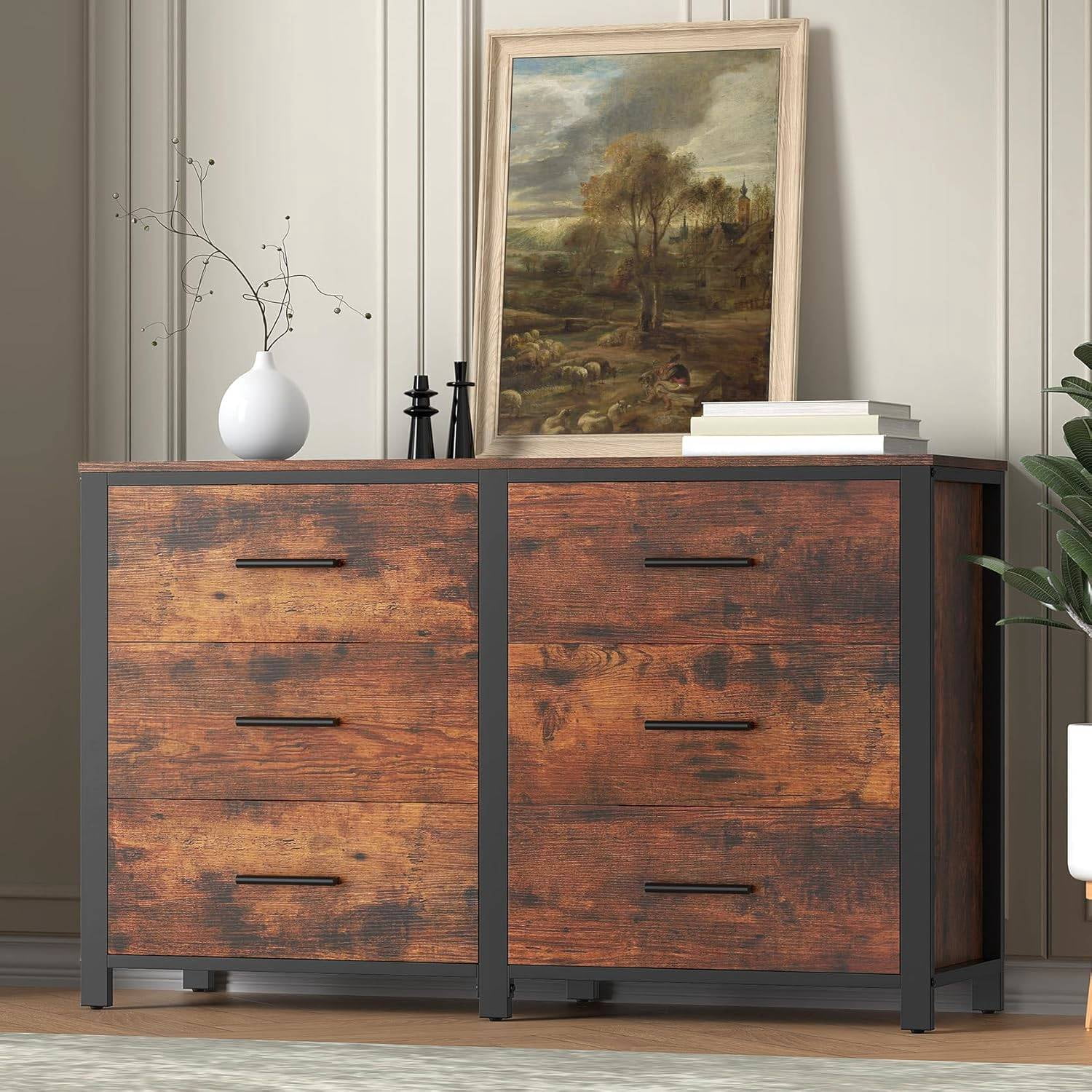Brown 6-Drawer Dresser with Metal Frame for Bedroom, Living Room, or ...