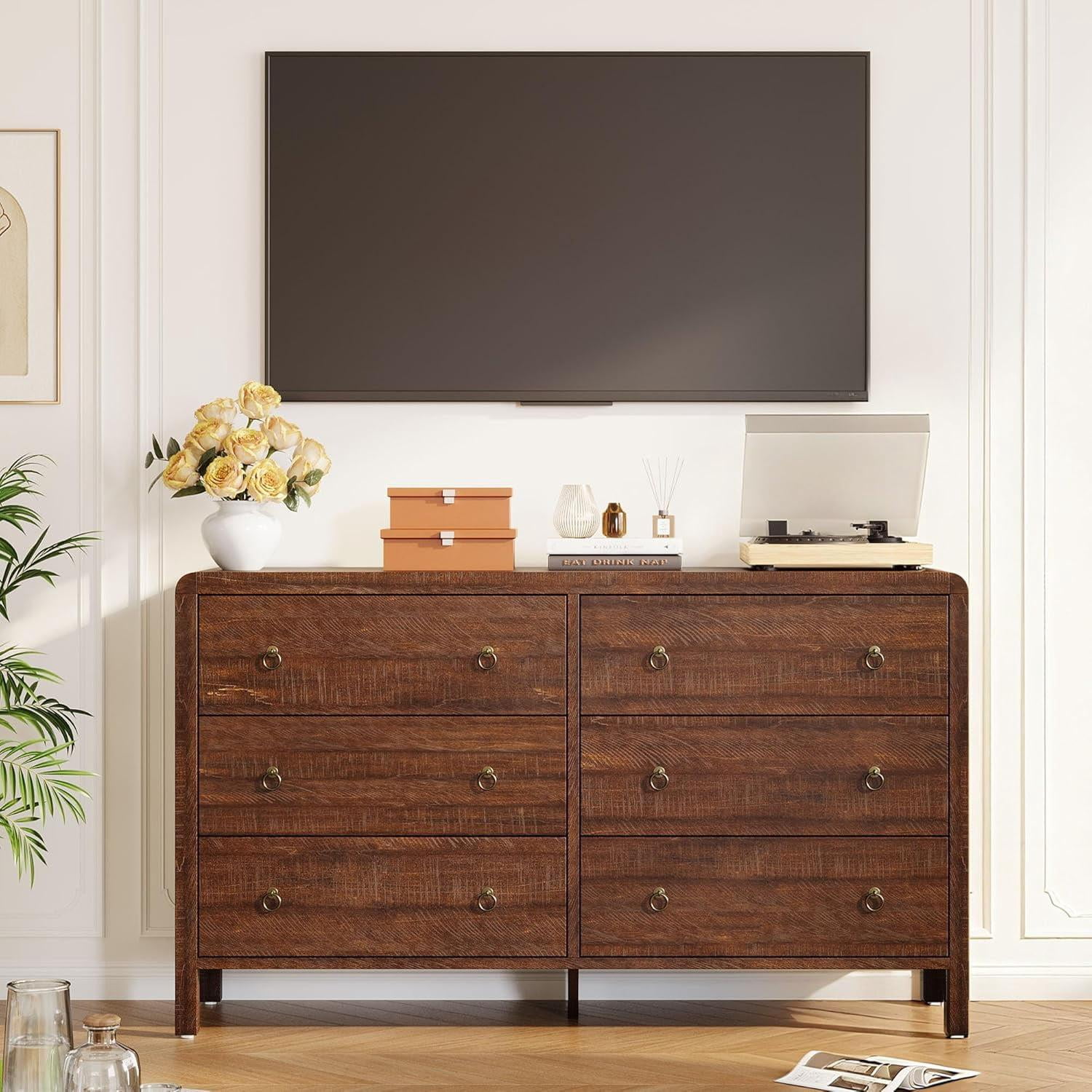 Brown 6 Drawers Dresser for Bedroom, 47" Wide Wood Chest of Drawers ...
