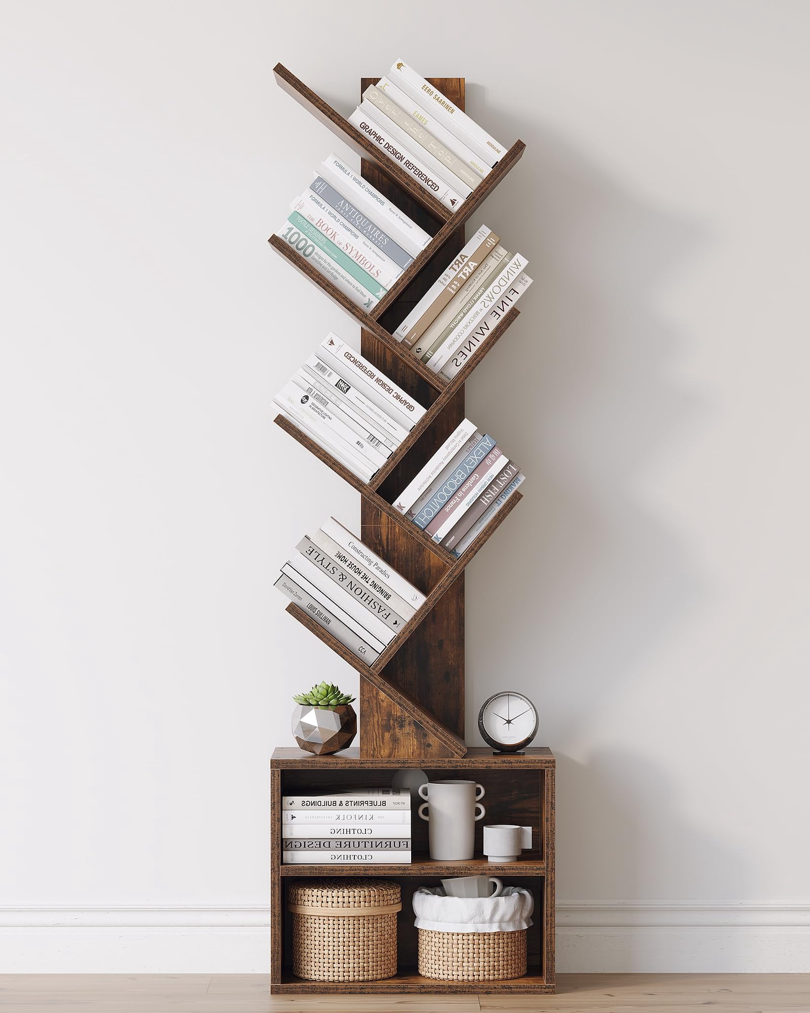 Brown 6-Tier Tree Bookshelf With Storage Cabinet Modern Tall Narrow ...