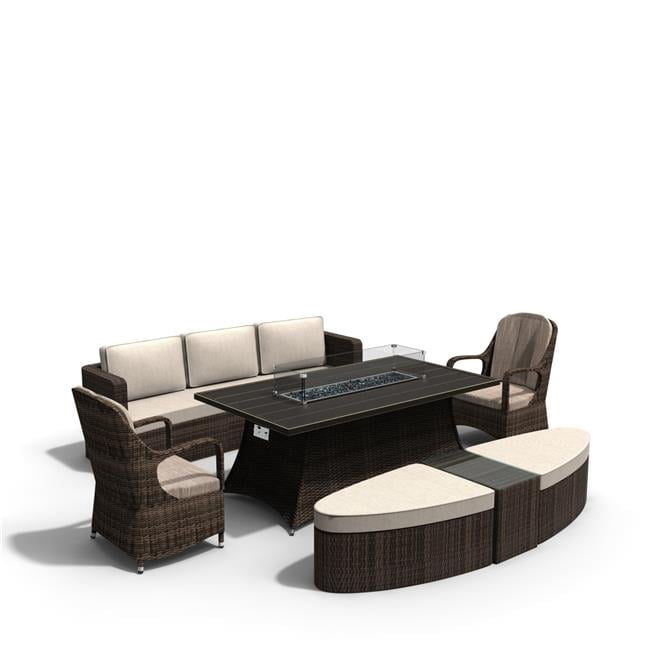 Brown 7 Piece PE Rattan Outdoor Rectangular Fire Pit Dining Table Set ...