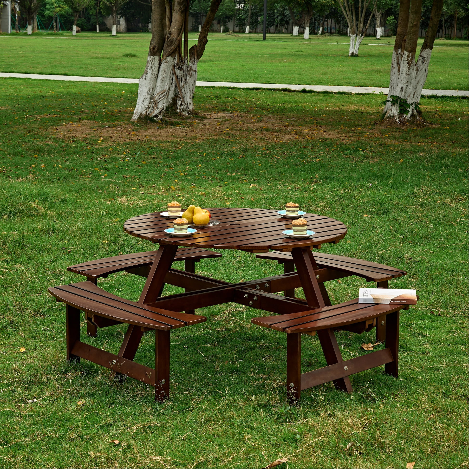 Brown 8 Picnic Table With 4 Integrated Benches. Umbrella Hole, , For ...