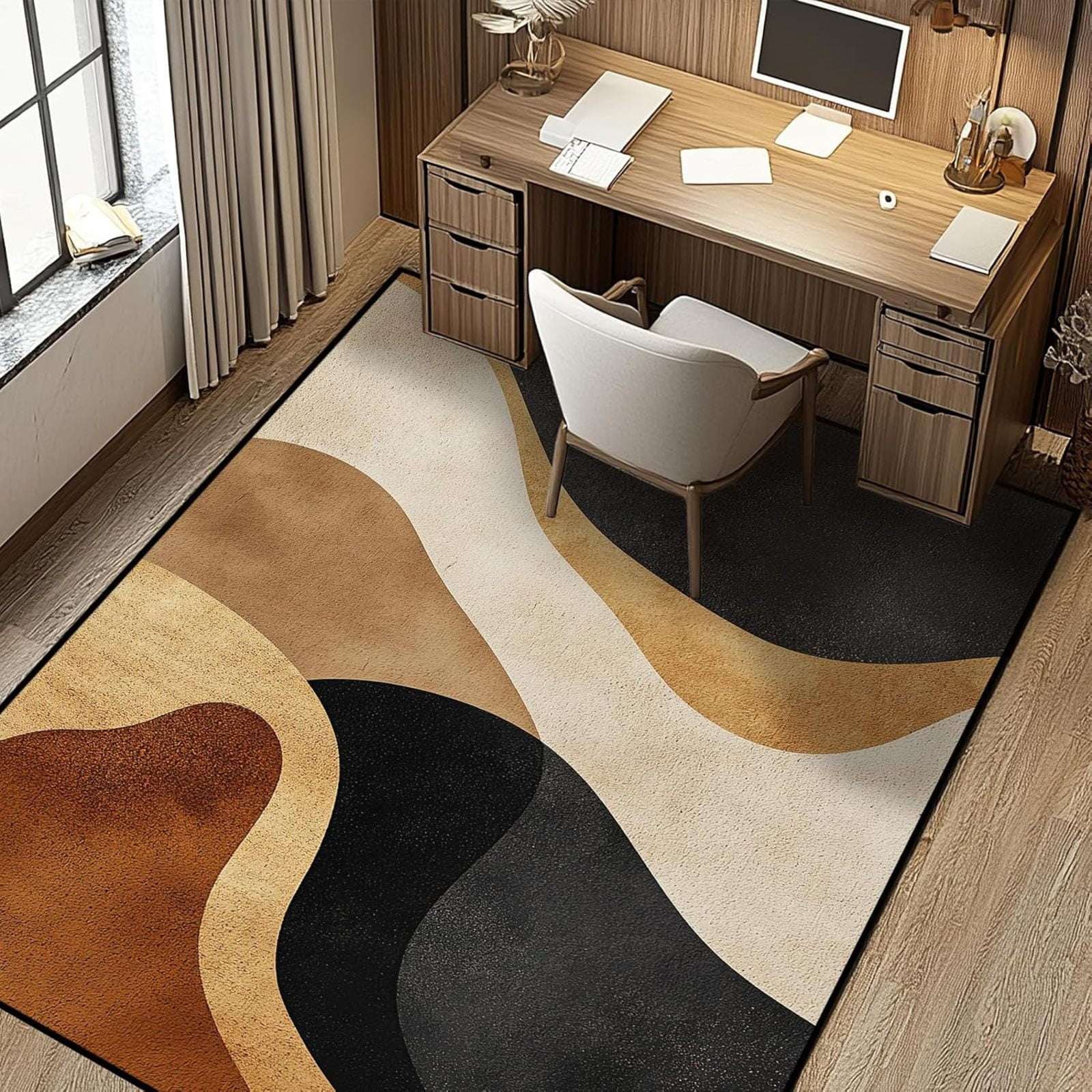 Brown Abstract Area Rug Black Tan Washable Rugs For Living Room Bedroom ...