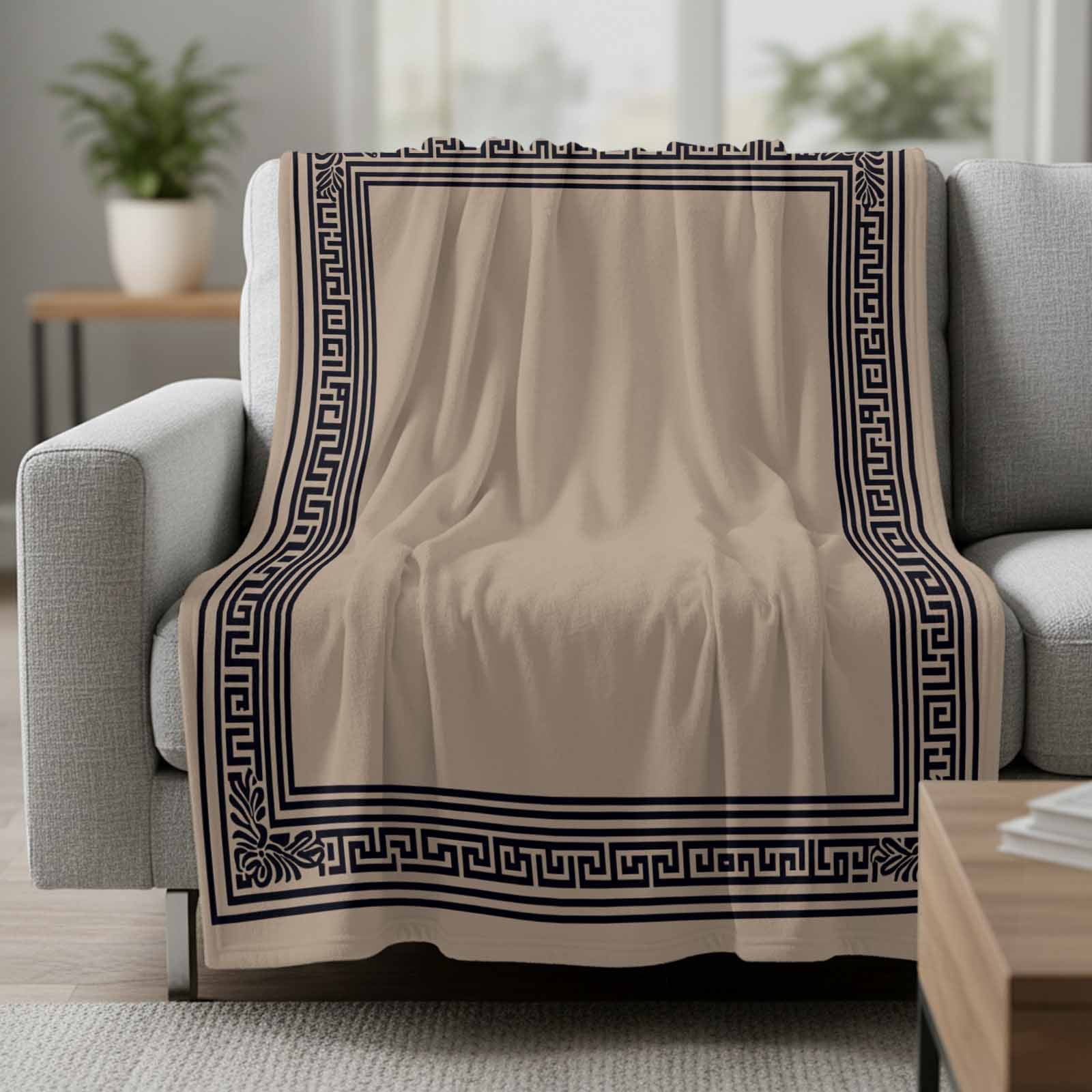 Brown Abstract Art Fleece Throw Blanket Vintage Linen Black Greek Key ...