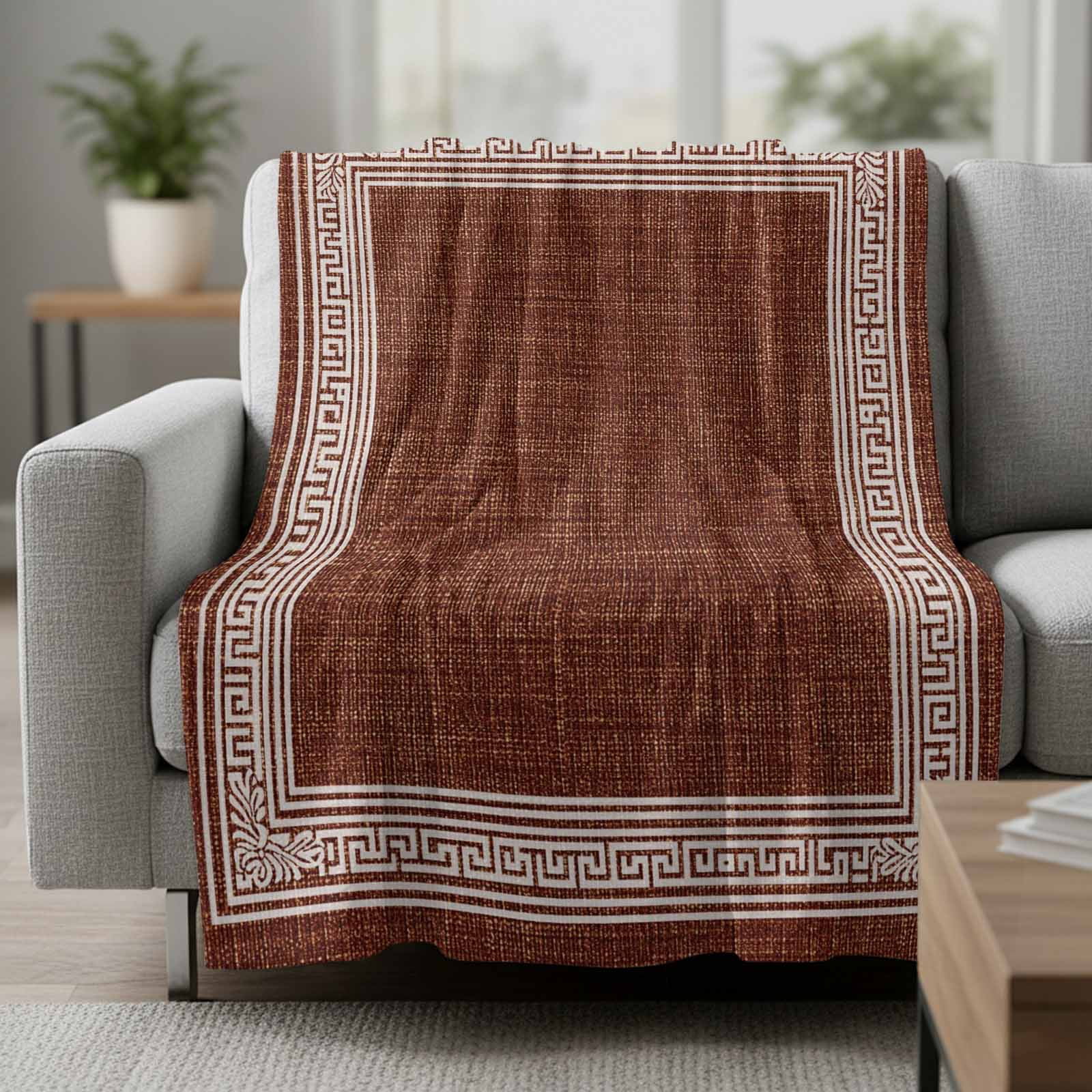 Brown Abstract Art Fleece Throw Blanket Vintage Linen Greek Key ...