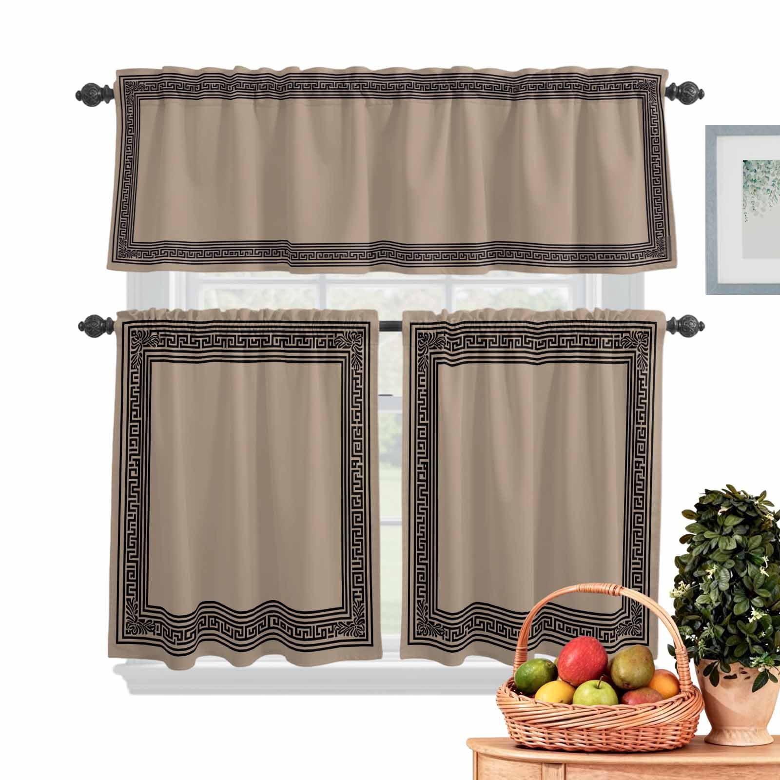 Brown Abstract Art Kitchen Curtains Valances 3 Piece Set, Vintage Linen ...