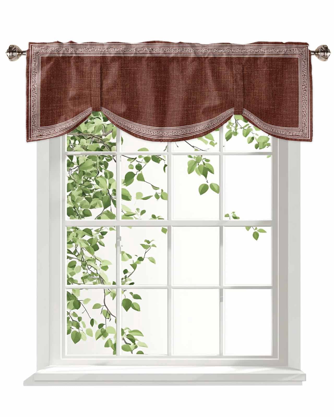 Brown Abstract Art Tie Up Valances Curtain, Vintage Linen Greek Key ...