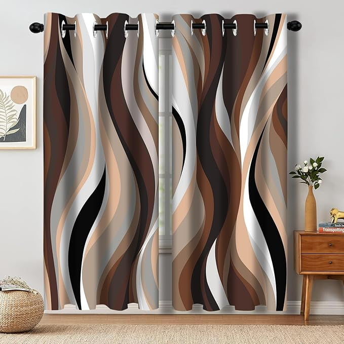 Brown Abstract Blackout Curtain, Stripe Black White Gray Aesthetic Art ...
