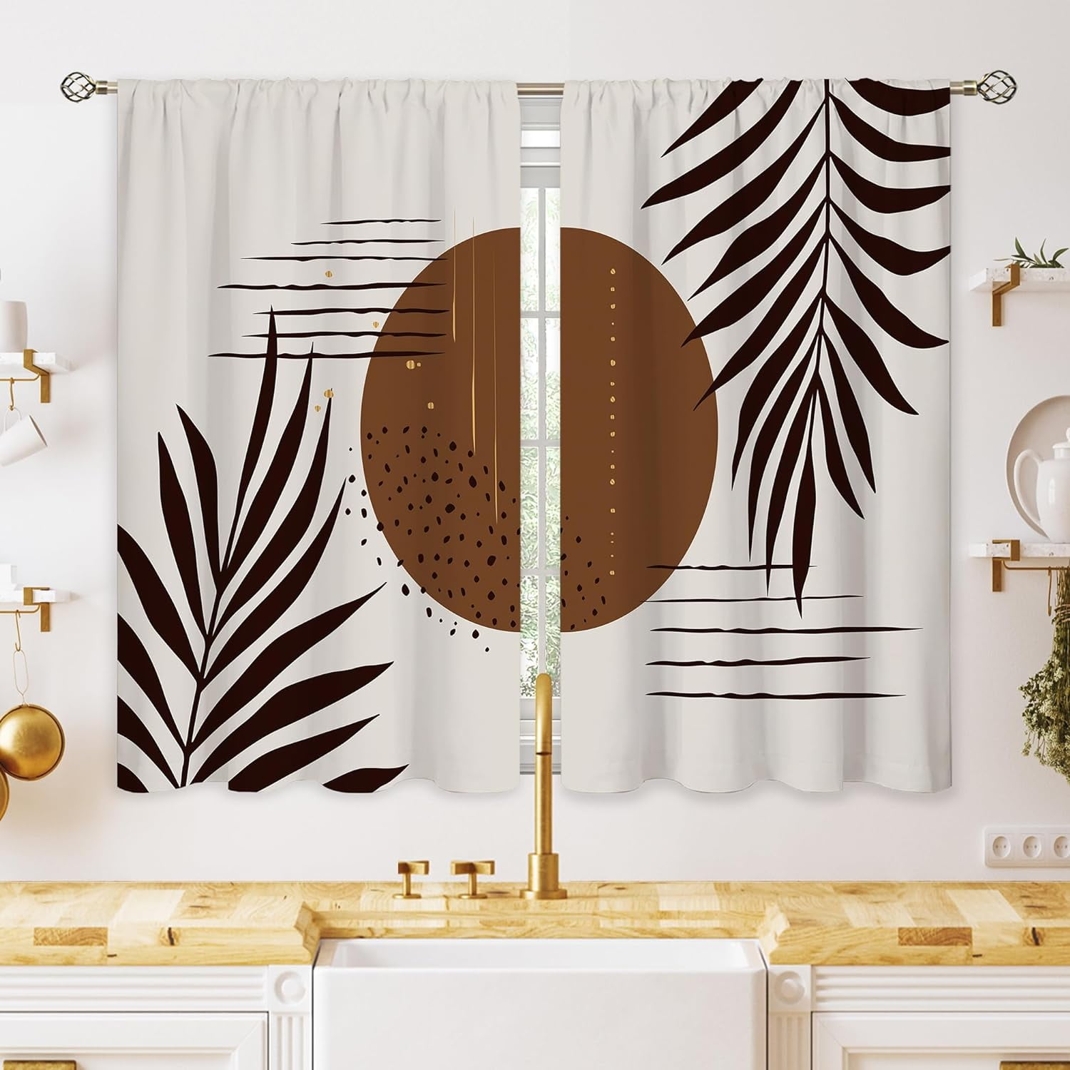 Brown Abstract Boho Mid Century Small Kitchen Curtains Modern Leaf ...