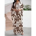 Brown Abstract Flame Print Loose V-Neck Maxi Dress With Bell Sleeves ...