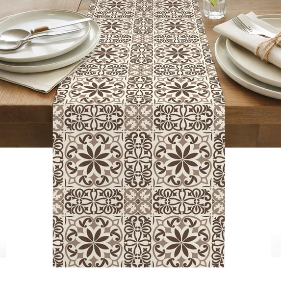Brown Abstract Floral Cotton Linen Table Runner Country Vintage Tribal ...