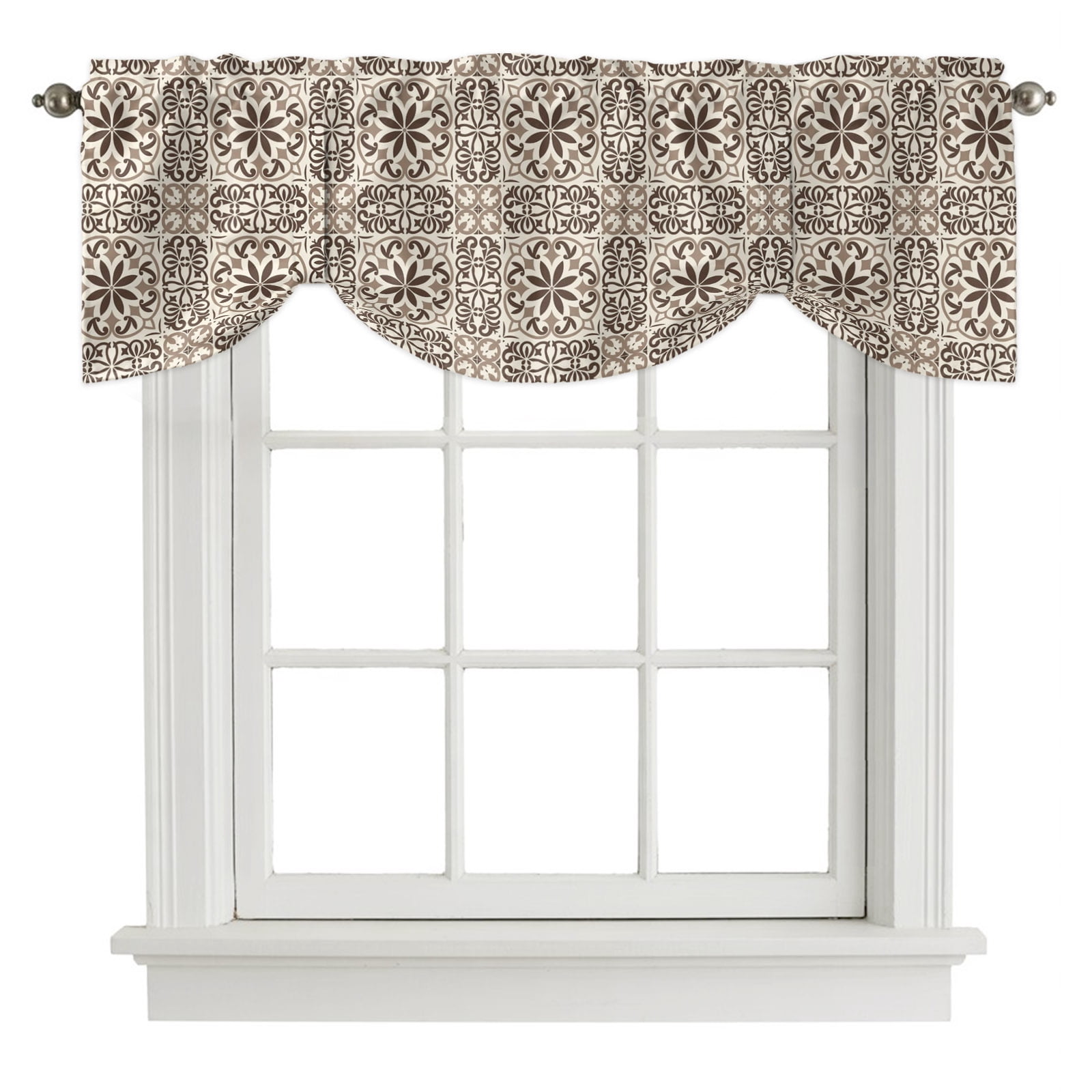 Brown Abstract Floral Tie Up Valance Curtains Country Vintage Tribal ...